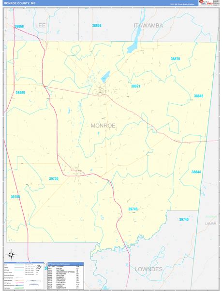 Monroe County Ms Zip Code Wall Map Basic Style By Marketmaps Mapsales