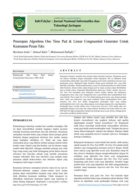 Pdf Penerapan Algoritma One Time Pad And Linear Congruential Generator Untuk Keamanan Pesan Teks