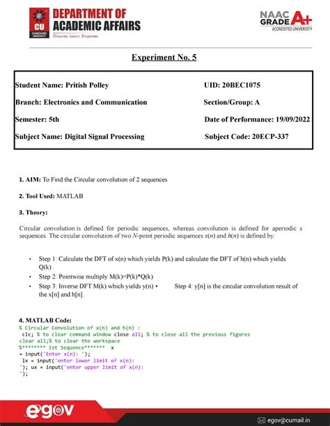 Experiment DIGITAL SIGNAL PROCESSING Experiment No Student Name Pritish Polley UID