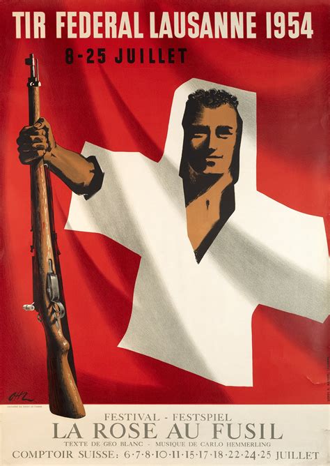 Vintage Poster Tir Fédéral Lausanne 1954 La Rose Au Fusil Galerie