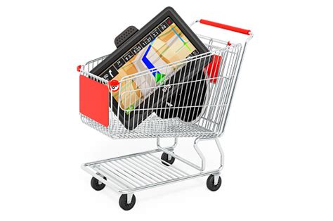 Gps 네비게이션 장치가있는 쇼핑 카트 흰색 배경에서 격리 된 3d 렌더링 3차원 형태에 대한 스톡 사진 및 기타 이미지 3차원 형태 가격 개념 Istock