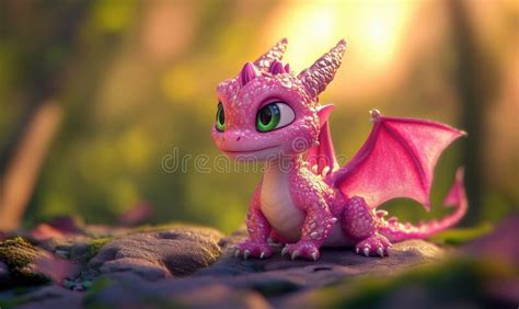 Cute Pink Dragon Character With Large Eyes And Tiny Wings In A Magical Forest Setting Stock