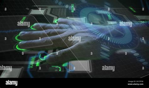 Image Of Caucasian Man Scanning Hand With Hud Processing On Digital