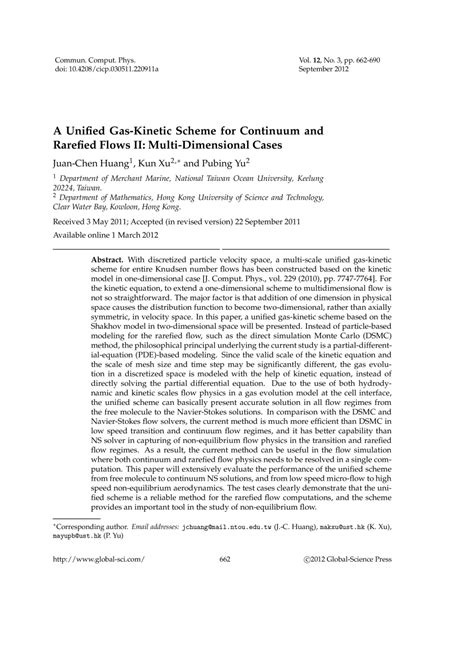 Global Science Press A Unified Gas Kinetic Scheme For Continuum And