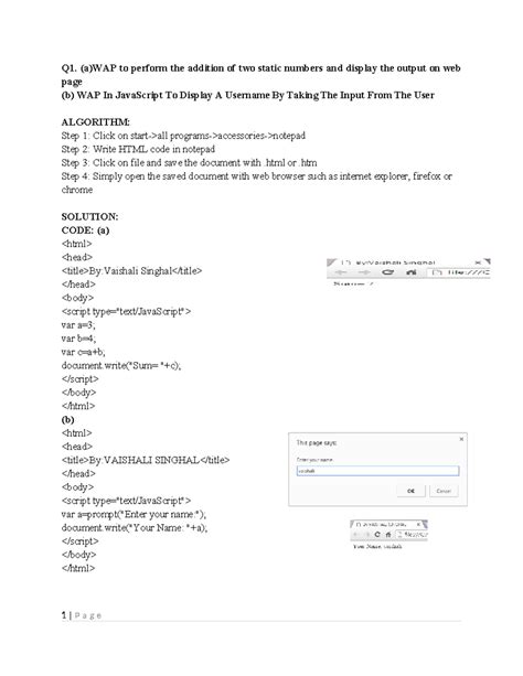 Js File Q1 Awap To Perform The Addition Of Two Static Numbers And Display The Output On Web