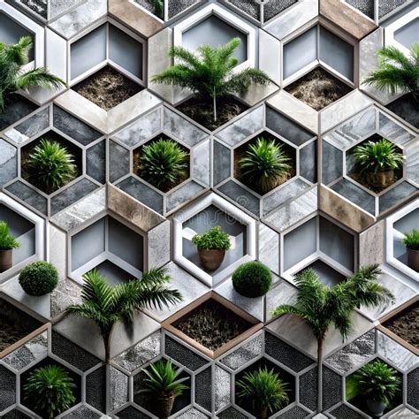 Geometric Hexagonal Wall With Embedded Greenery And Potted Plants Stock Illustration