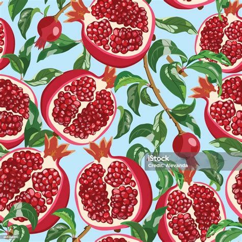 잘 익은 석류와 잎 완벽 한 패턴입니다 벡터 일러스트 레이 션 0명에 대한 스톡 벡터 아트 및 기타 이미지 0명 건강한 생활방식 과일 Istock