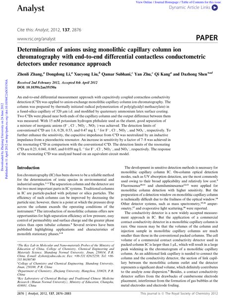 Pdf Determination Of Anions Using Monolithic Capillary Column Ion Chromatography With End To