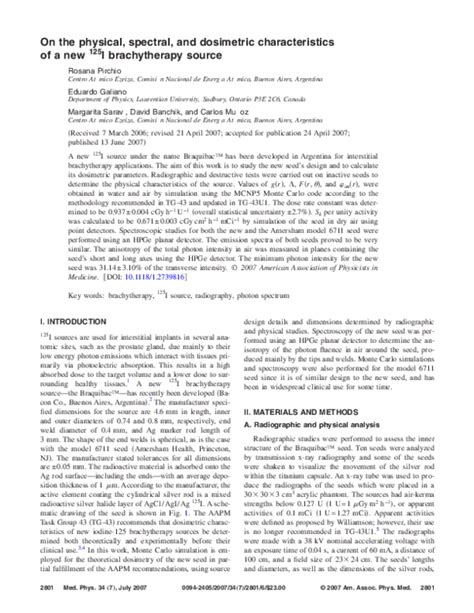 Pdf On The Physical Spectral And Dosimetric Characteristics Of A New 125 I Brachytherapy Source