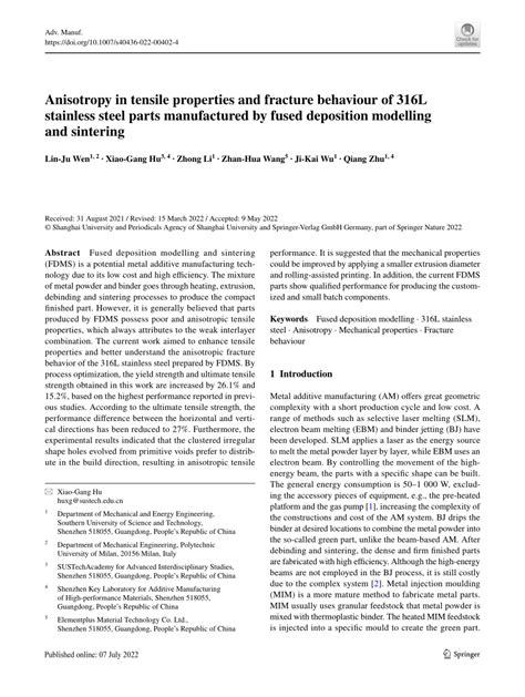 Pdf Anisotropy In Tensile Properties And Fracture Behaviour Of 316l Stainless Steel Parts