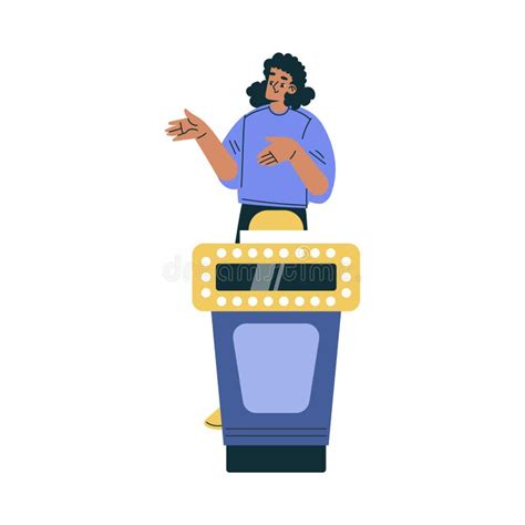 Quiz Game With Young Woman Participant At Button Stand Vector Illustration Stock Vector