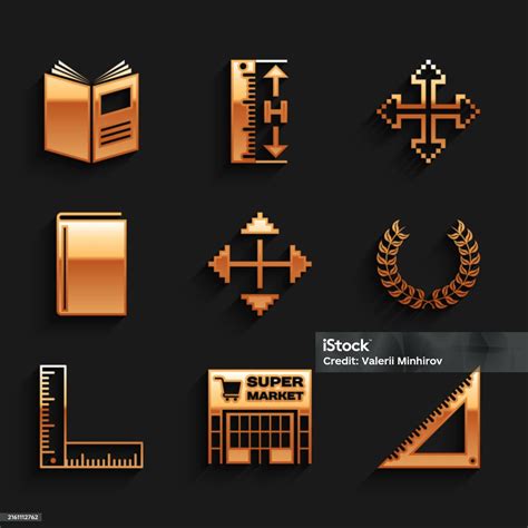 Set Pixel Arrows In Four Directions Supermarket Building Triangular Ruler Laurel Wreath Folding