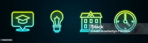 Set Line Graduation Cap In Speech Bubble Light Bulb With Idea School Building And Clock Glowing