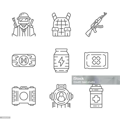 온라인 게임 인벤토리 선형 아이콘 세트입니다 군인 갑옷 무기 응급 처치 키트 음료 붕대 진통제 촬영 목표 가는 선 윤곽심 격리된