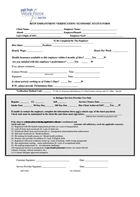 Fillable Form Dcf Exh Retp Employment Verification Economic Status