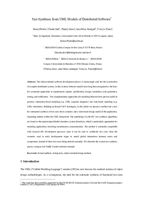 Pdf Test Synthesis From Uml Models Of Distributed Software Y Le Traon