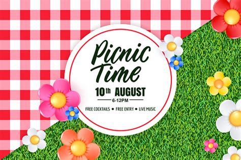 피크닉 시간 배너 식탁보 녹색 잔디 배경에 화려한 데이지 꽃과 포스터 디자인 벡터 일러스트 레이 션 소풍 음식에 대한 스톡 벡터