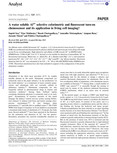 Pdf A Water Soluble Al 3 Selective Colorimetric And Fluorescent Turn On Chemosensor And Its