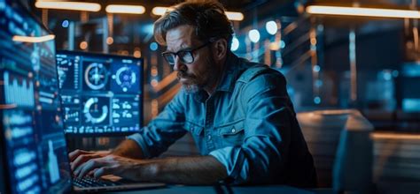 Man Analyzing Data On Multiple Computer Screens Premium Ai Generated