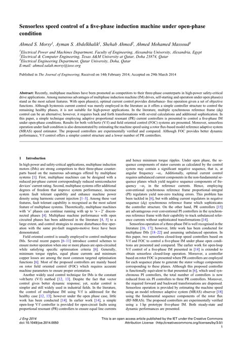 Pdf Sensorless Speed Control Of A Five Phase Induction Machine Under Open Phase Condition