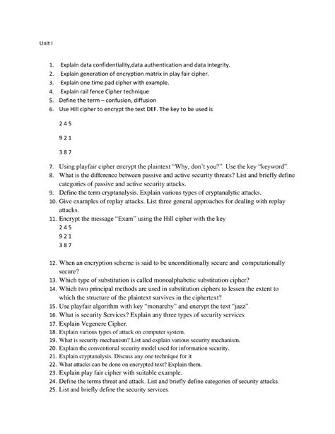 Unit Wise Question Bank Unit I 1 Explain Data Confidentialitydata
