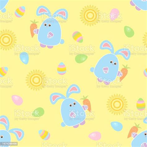 부활절 완벽 한 패턴입니다 당근 여러 가지 빛깔의 부활절 달걀 노란색 배경에 태양이 있는 귀여운 토끼 공휴일에 대한 스톡 벡터 아트 및 기타 이미지 Istock