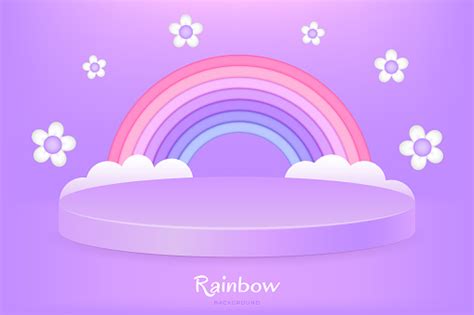 어린이 디자인을 위한 무지개와 구름 벡터 일러스트레이션이 있는 미니멀리스트 3d 장난감 받침대 파스텔 색상과 귀여운 만화 꽃이 사랑스럽고 행복한 컨셉을 선사합니다 포스터
