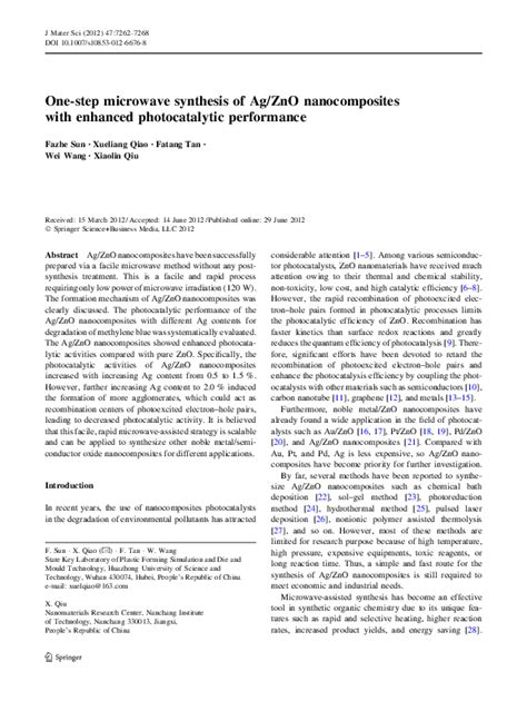 Pdf One Step Microwave Synthesis Of Agzno Nanocomposites With