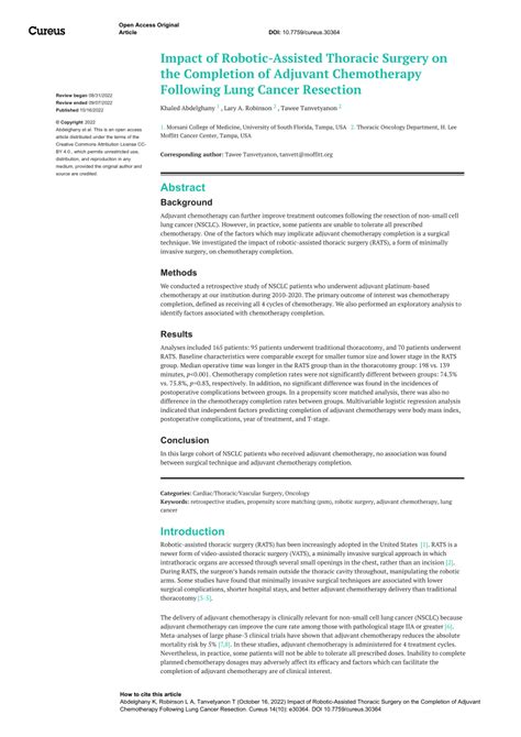 Pdf Impact Of Robotic Assisted Thoracic Surgery On The Completion Of Adjuvant Chemotherapy