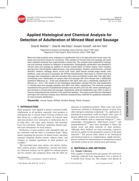 Pdf Applied Histological And Chemical Analysis For Detection Of Adulteration Of Minced Meat