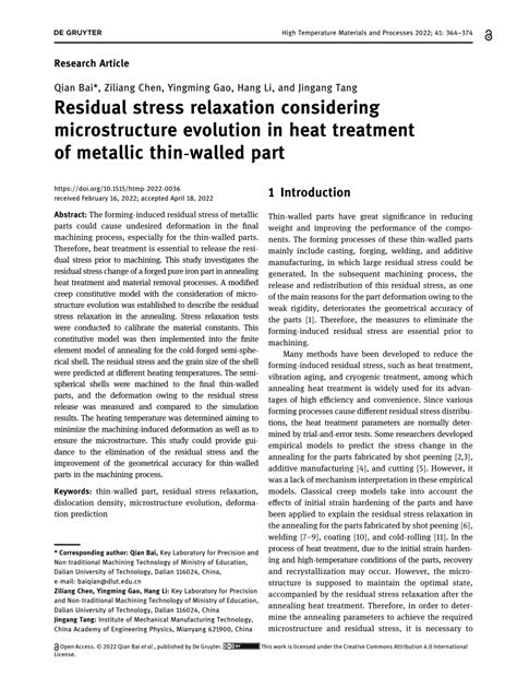 Pdf Residual Stress Relaxation Considering Microstructure Evolution In Heat Treatment Of