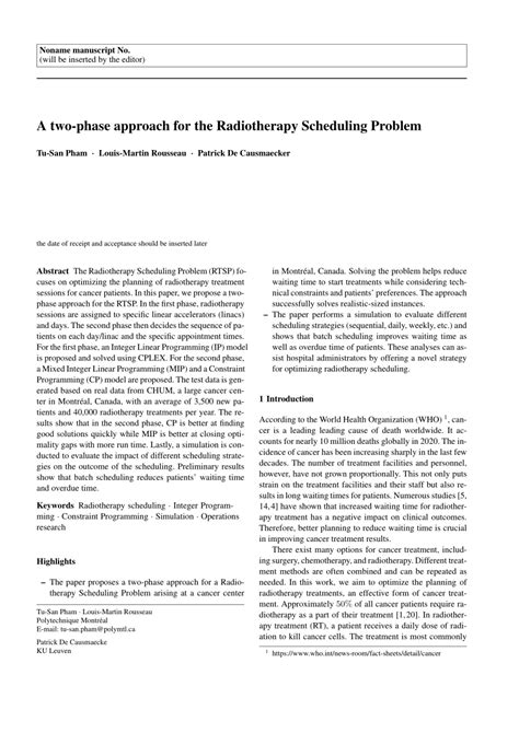 Pdf A Two Phase Approach For The Radiotherapy Scheduling Problem