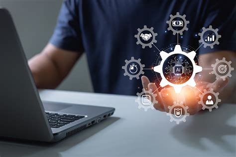 화면에 기어 아이콘이 표시됩니다 비즈니스 및 산업 프로세스 자동화 Rpa 기술 자동화 소프트웨어 기술 프로세스 시스템 비즈니스 관리 및 워크 플로우 자동화 다이어그램 기어