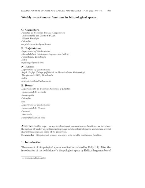 Pdf Weakly ω Continuous Functions In Bitopological Spaces