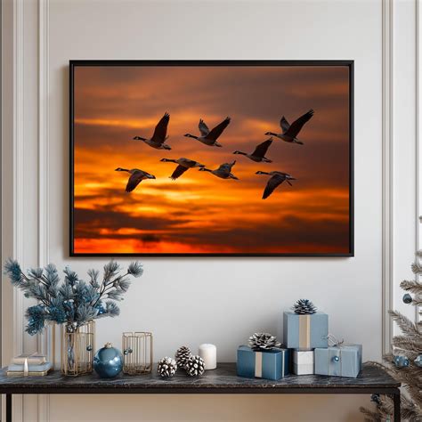 Stunning Sunset Silhouette Of Canada Geese Flying In Formation Nature