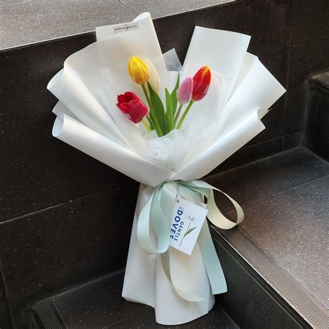 Five Assorted Color Tulips Bouquet Gentle Doves