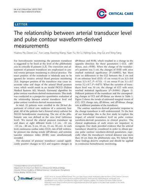 PDF The Relationship Between Arterial Transducer Level And Pulse Contour Waveform Derived