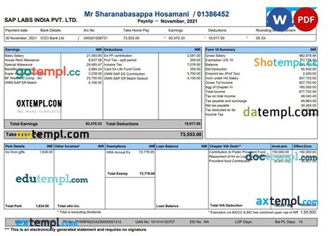 Sap Labs Payslip Word And Pdf Example Mytempl