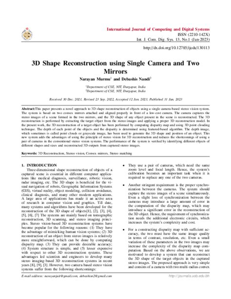 pdf 3d shape reconstruction using single camera and two mirrors