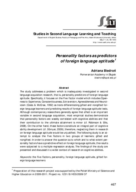 Pdf Personality Factors As Predictors Of Foreign Language Aptitude