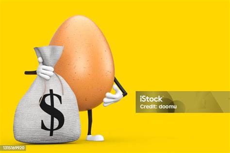 브라운 치킨 에그 사람 캐릭터 마스코트 와 묶여 소박한 캔버스 리넨 돈 자루 또는 달러 기호와 돈 가방 3d 렌더링 가득 찬에 대한 스톡 사진 및 기타 이미지 Istock
