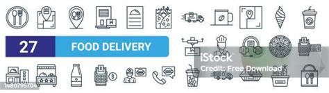 칼 붙이 위치 레스토랑 커피 컵 요리사 등급 별 청량 음료 웹 디자인 모바일 앱을위한 음식 팩 벡터 얇은 선 아이콘과 같은 27 개의 개요 웹 음식 배달 아이콘 세트 가방에