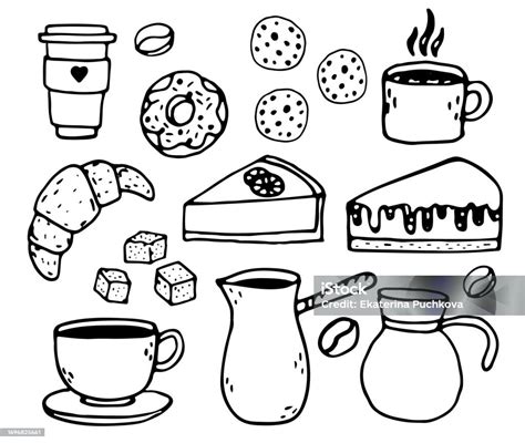 커피와 과자 세트 손으로 그린 낙서 벡터 그림 크루아상 도넛 쿠키 설탕 파이 터크 그리기에 대한 스톡 벡터 아트 및 기타 이미지 Istock