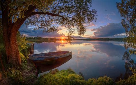 Summer Lake Willow Boat Sunset Wallpaper Widescreen Hd Resolution