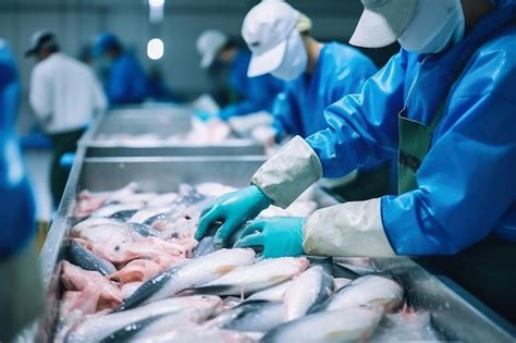 Premium AI Image Fish Processing Plant Production Line People Sort The Fish Moving Along The