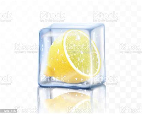 얼음 조각에 담긴 신선한 잘 익은 레몬 반쪽이 투명한 배경에 분리되어 있다 냉동 레몬 사실적인 3d 벡터 일러스트레이션 3차원 형태에 대한 스톡 벡터 아트 및 기타 이미지