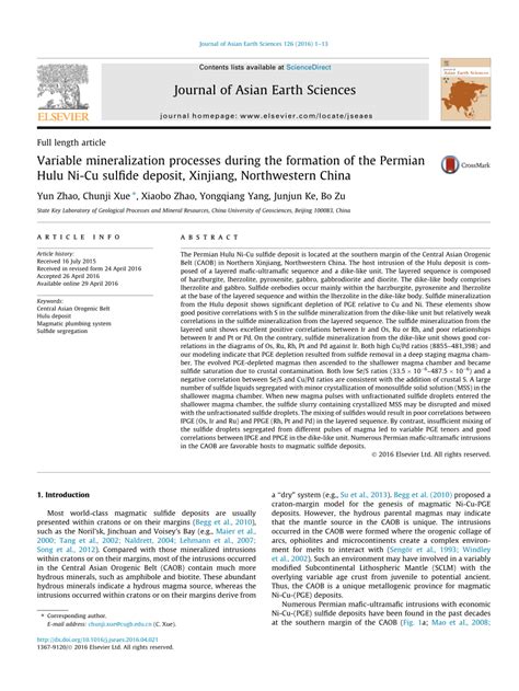 Pdf Variable Mineralization Processes During The Formation Of The Permian Hulu Ni Cu Sulfide