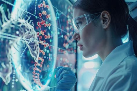 A Woman In A Lab Coat And Goggles Analyzing Data Ideal For Science And Technology Concepts
