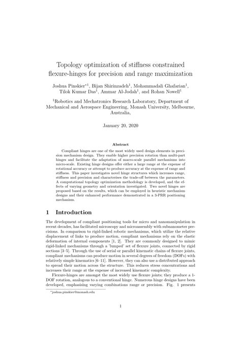 Pdf Topology Optimization Of Stiffness Constrained Flexure Hinges For Precision And Range