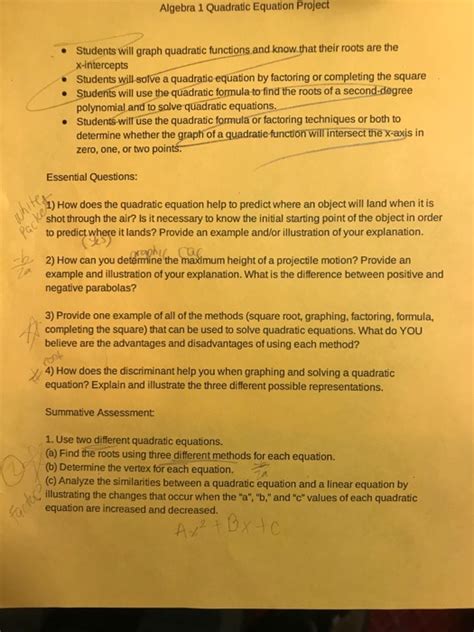 Solved Algebra 1 Quadratic Equation Project Students Will